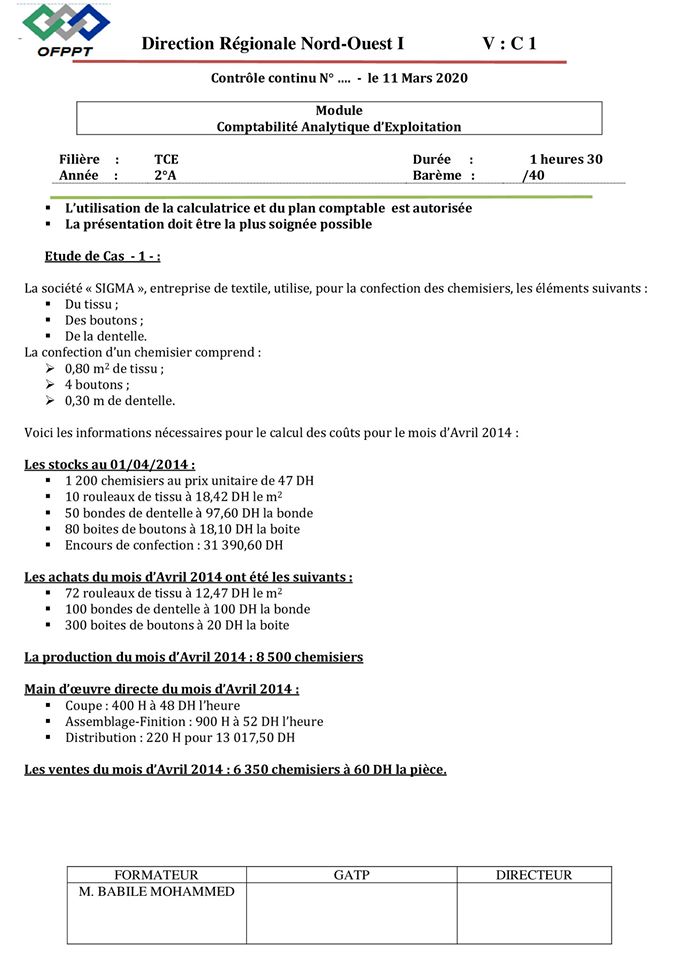 Contrôle continu 2019-2020 Comptabilité Analytique D'Exploitation – TCE ...